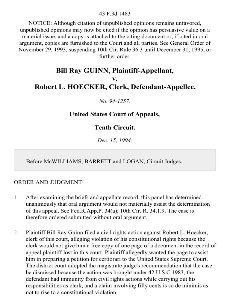 Bill Ray Guinn v. Robert L. Hoecker, Clerk, 43 F.3d 1483, 10th Cir ...