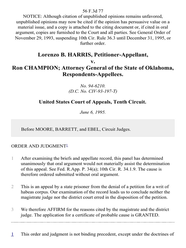 Lorenzo B. Harris v. Ron Champion Attorney General of The State of ...