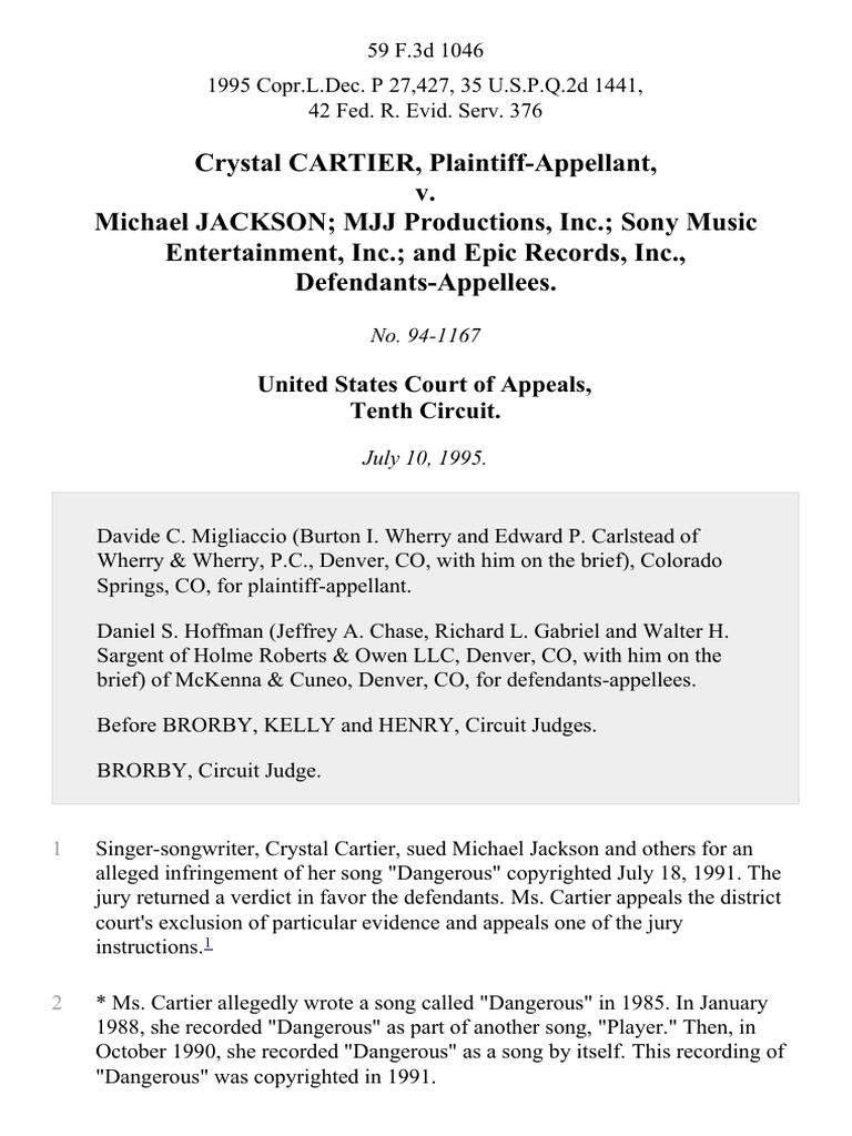 Crystal Cartier v. Michael Jackson MJJ Productions, Inc. Sony Music ...