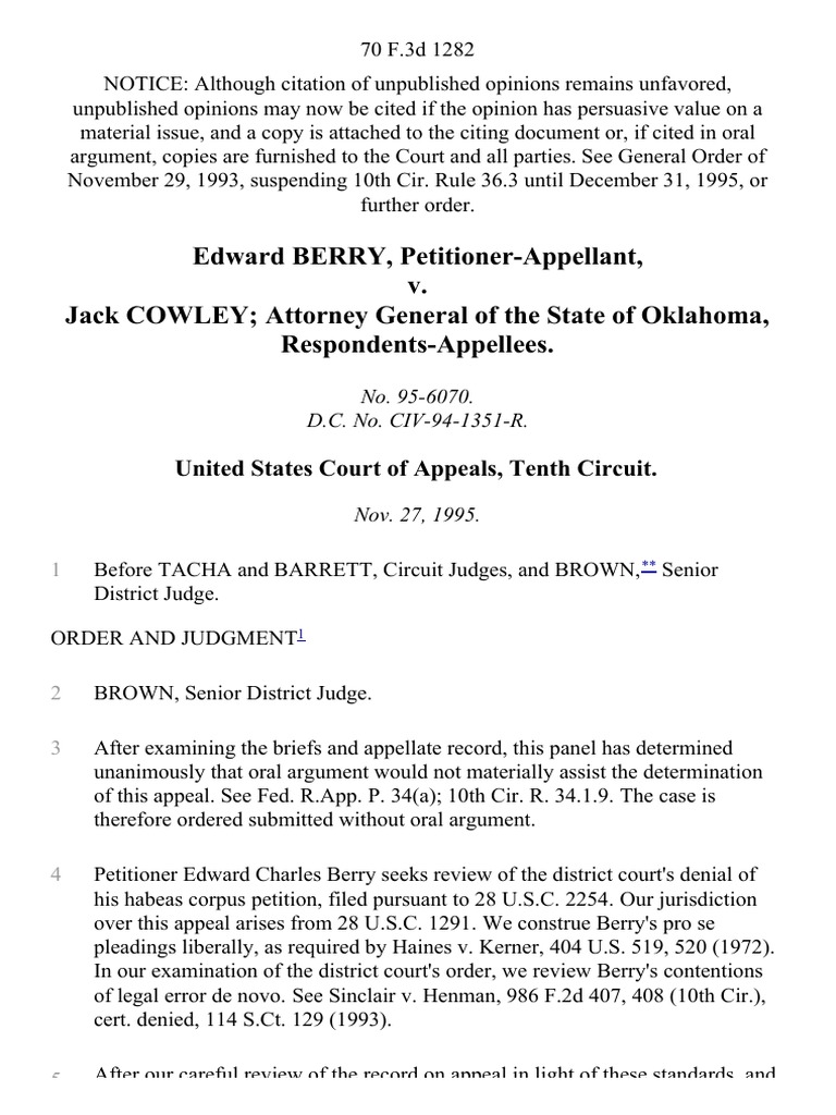 Edward Berry v. Jack Cowley Attorney General of The State of Oklahoma ...