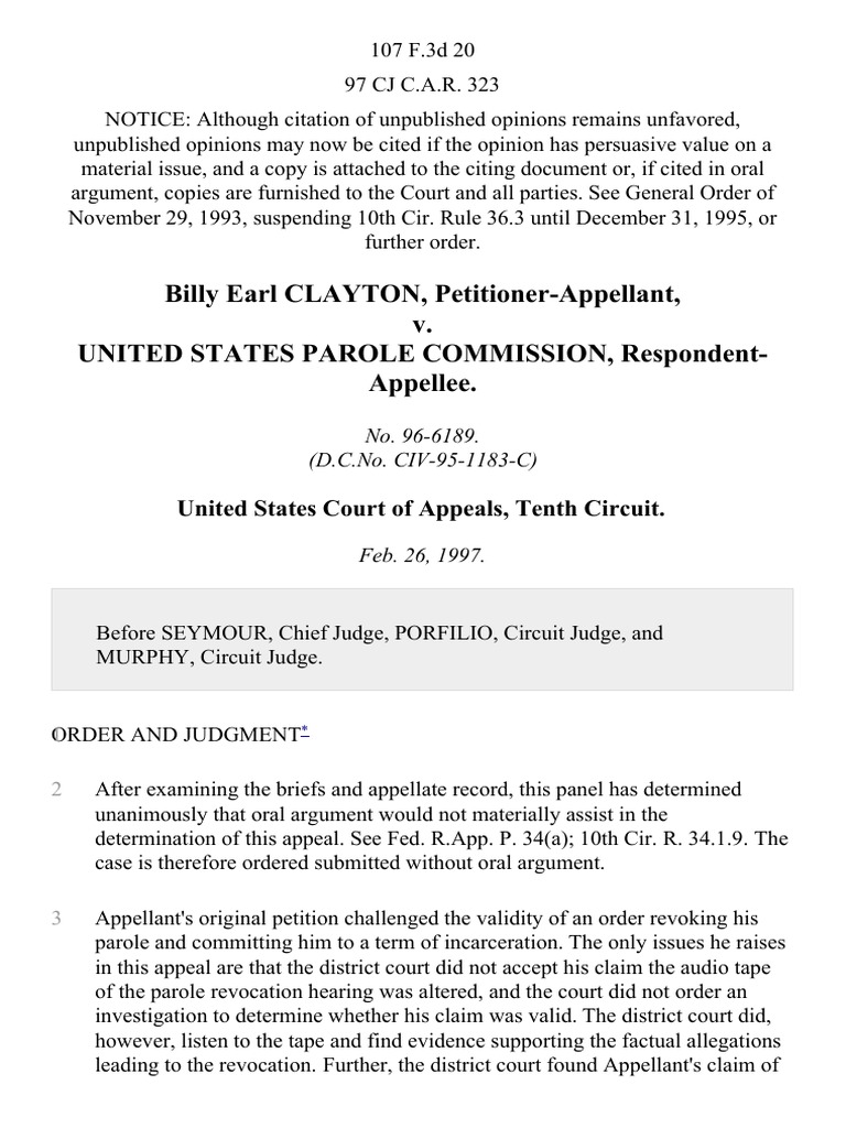 Billy Earl Clayton v. United States Parole Commission, 107 F.3d 20 ...