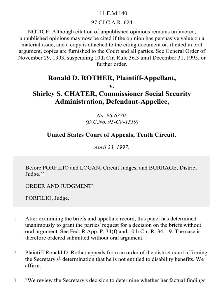 Ronald D. Rother v. Shirley S. Chater, Commissioner Social Security ...