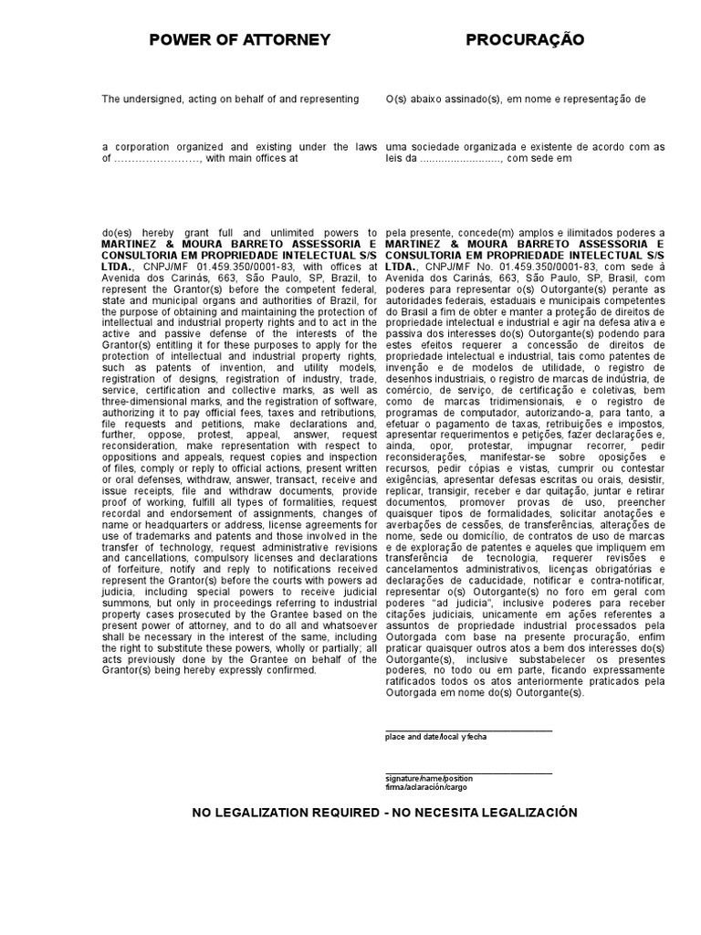 Bilingual Power of Attorney | Intellectual Property | Power Of Attorney