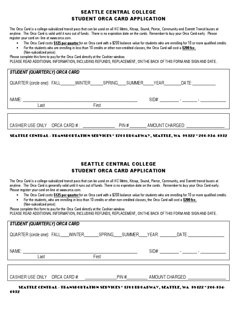 Seattle Central College Orca Card Info | PDF | Seattle | Passenger Rail ...