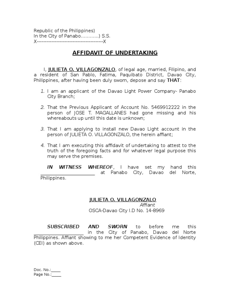 Davao Light New Account Affidavit | PDF | Finance & Money Management ...