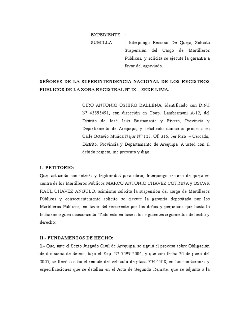 Recurso Queja Sunarp - Oshiro | PDF | Castigos | Derecho penal