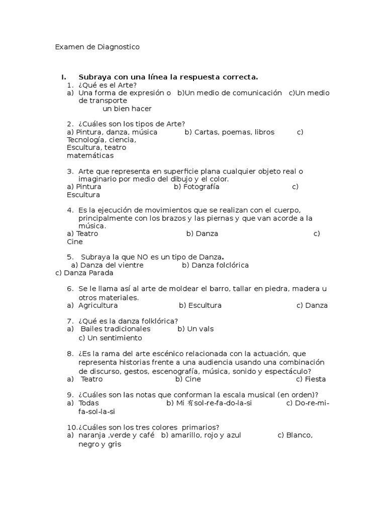Examen De Arte Diagnostico De Secundaria Pdf Bailes Escultura