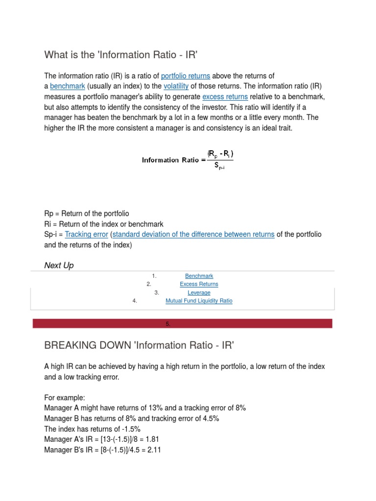 What Is The 'Information Ratio - IR': Portfolio Returns Benchmark ...