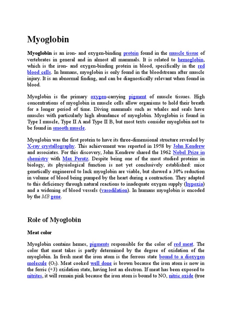 Myoglobin Myoglobin Is An Iron And Oxygen Binding Pdf Biochemistry