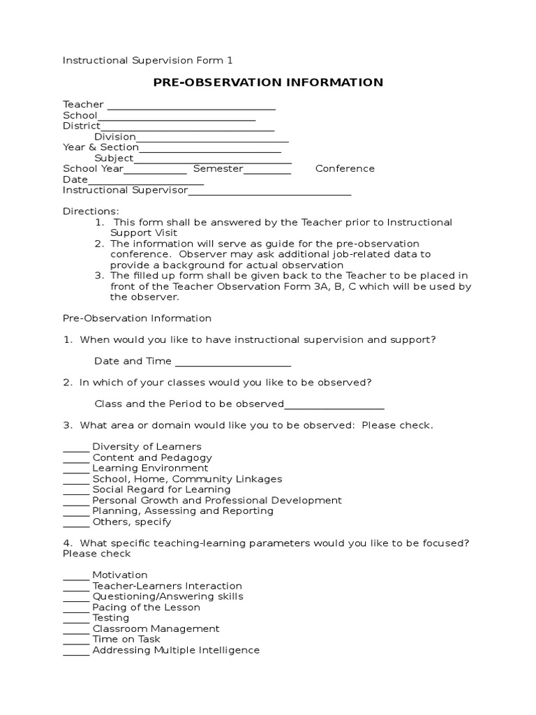 Instructional Supervision Form 1 | PDF