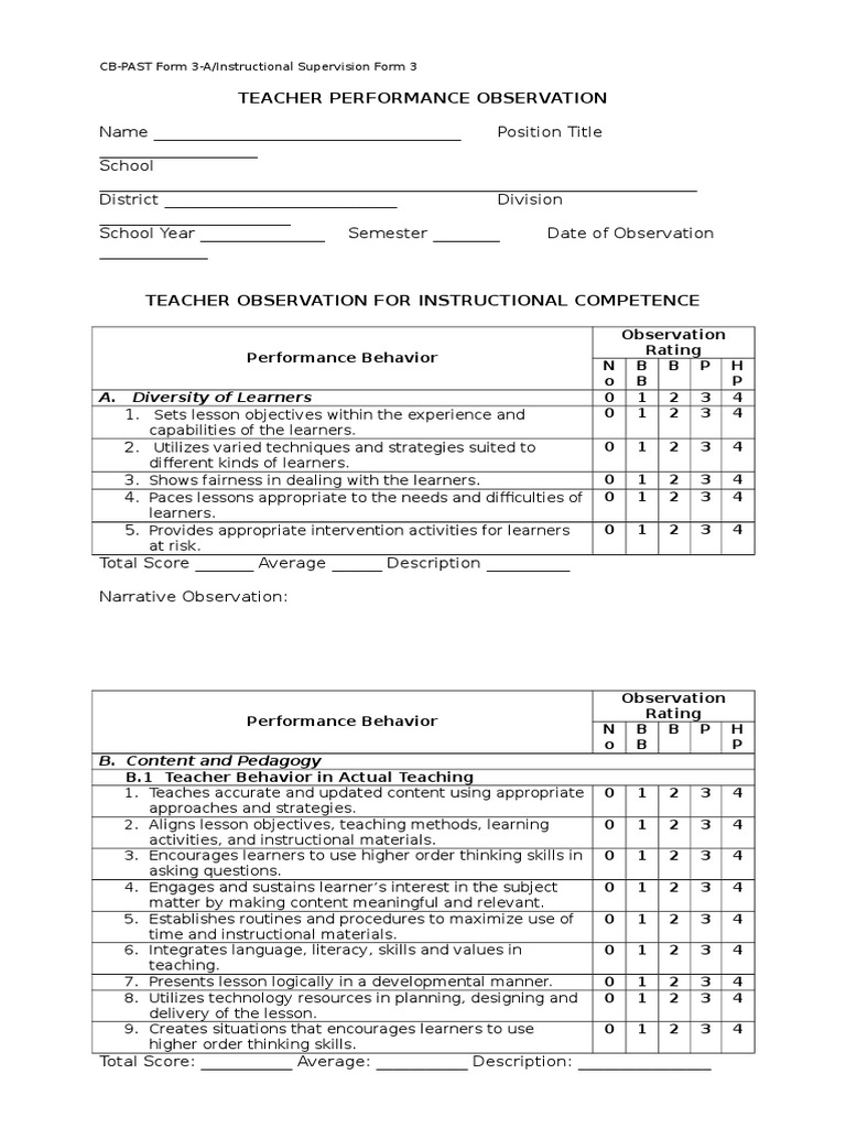 Observation Form | PDF | Teaching Method | Educational Assessment