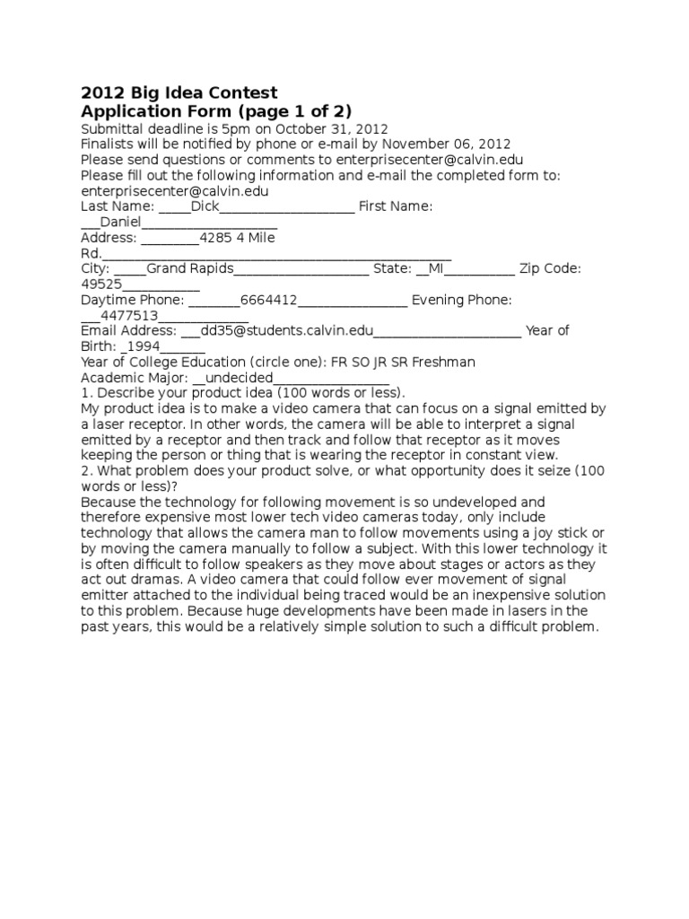 2012 Big Idea Contest Application Form (Page 1 of 2) | PDF ...