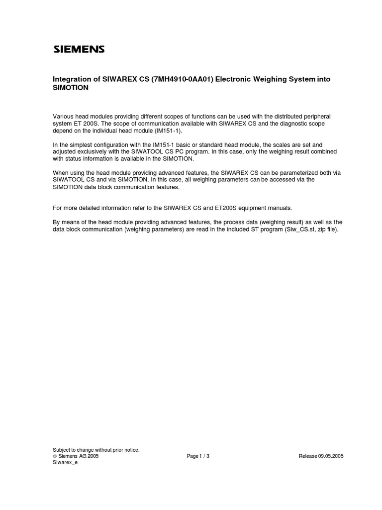 Integration of SIWAREX CS (7MH4910-0AA01) Electronic Weighing System Into Simotion | PDF | Scope ...