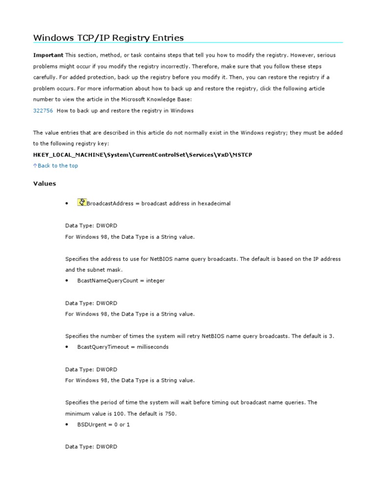 Windows Tcpip Registry Settings Pdf Transmission Control Protocol Domain Name System