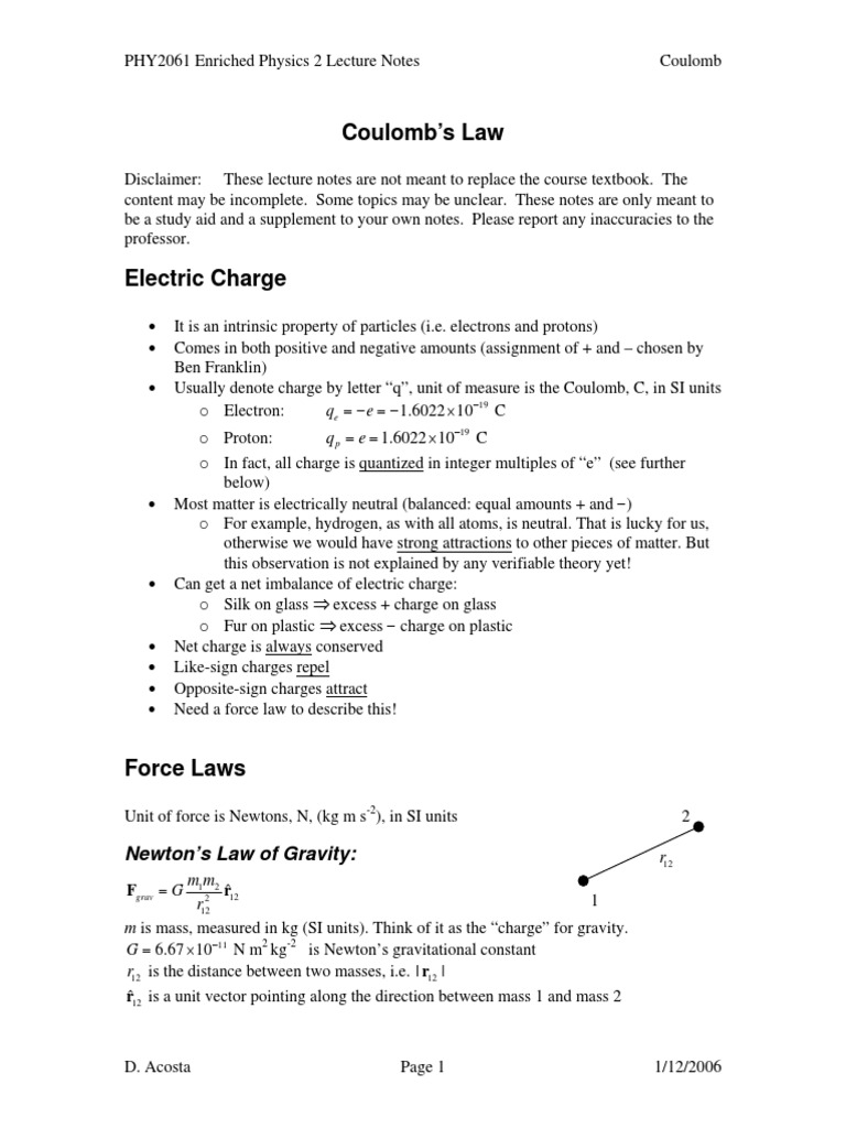 PHY2061 Enriched Physics 2 Lecture Notes: Coulomb's Law | PDF ...