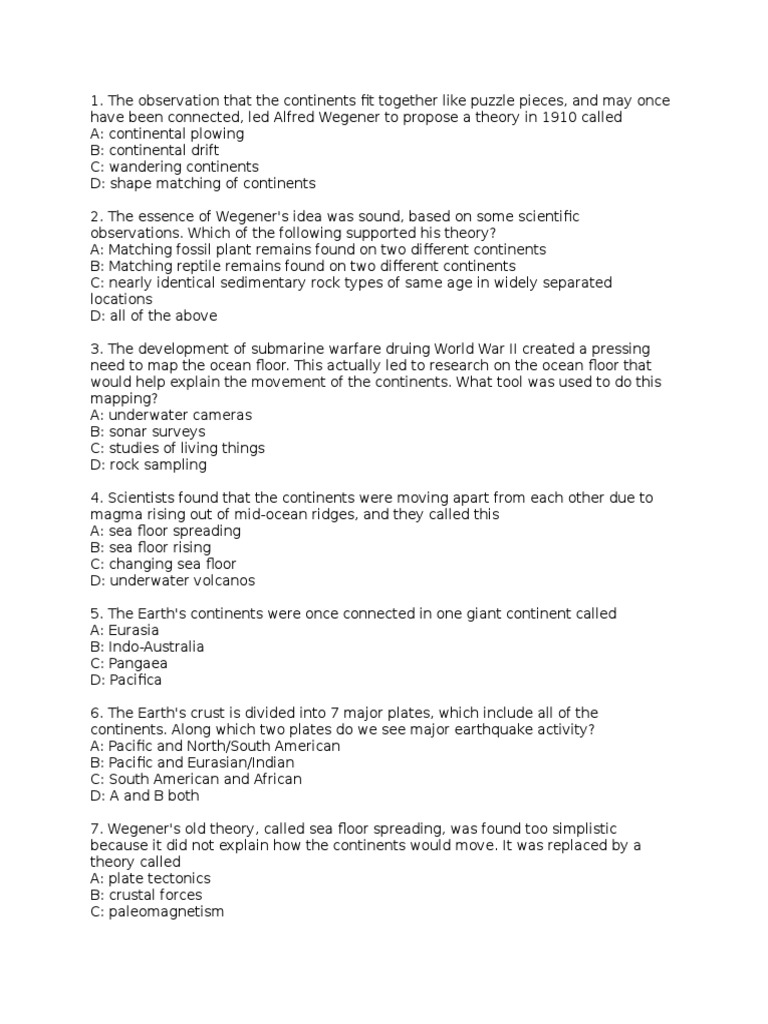 Understanding Plate Tectonics Through Multiple Choice Questions | PDF ...