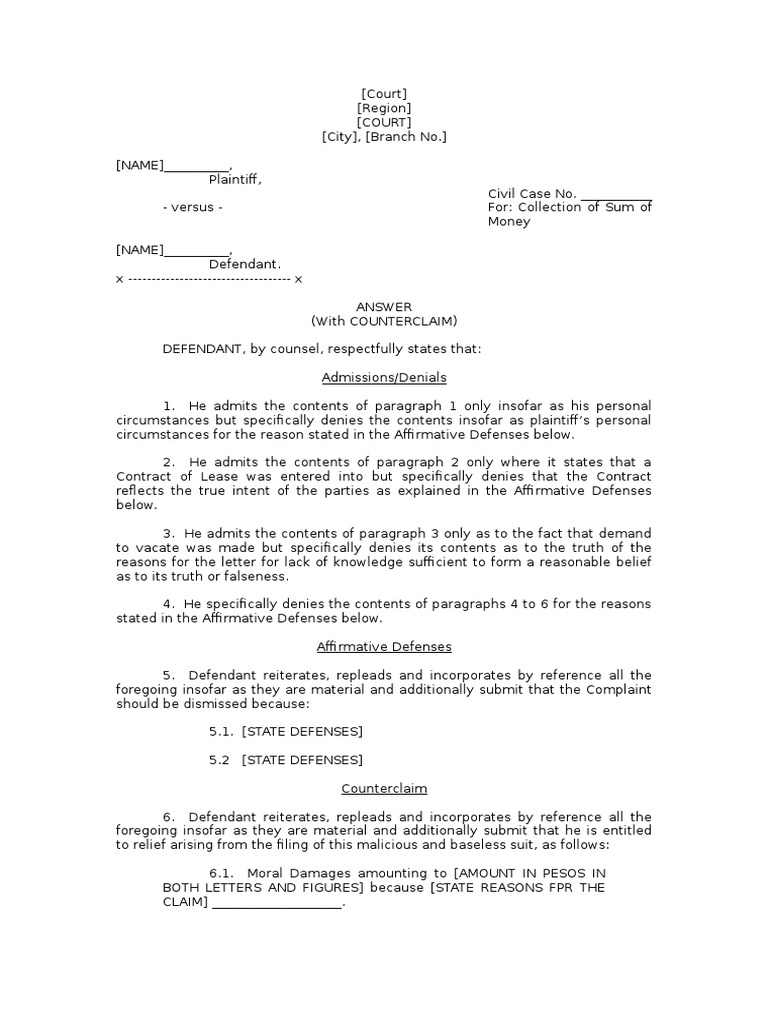 Answer With Counterclaim - Complaint for Collection of Sum of Money ...