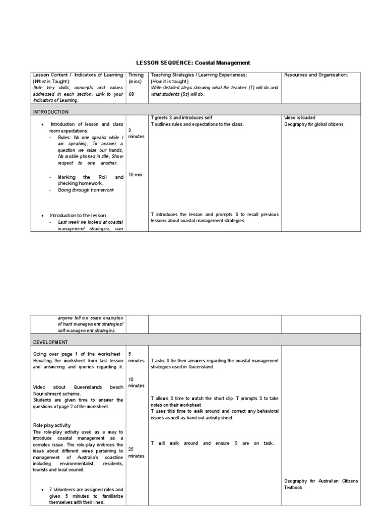 Coastal Management Lesson Plan | PDF | Worksheet | Lesson Plan