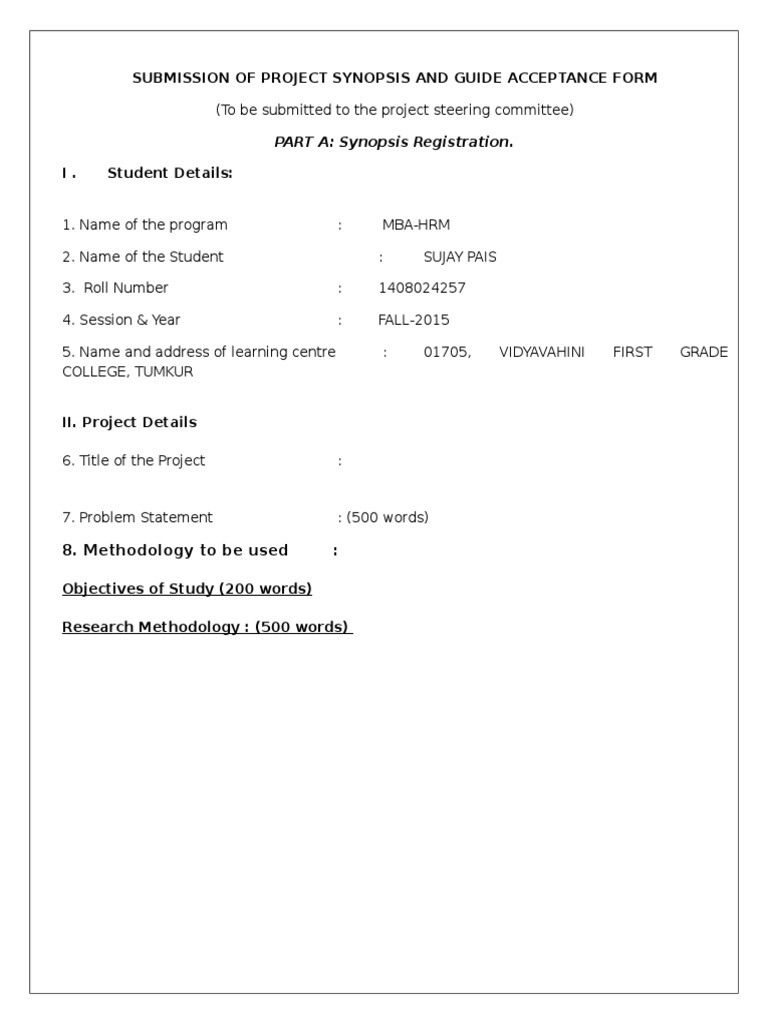 Submission of Project Synopsis and Guide Acceptance Form: PART A: Synopsis Registration | PDF ...