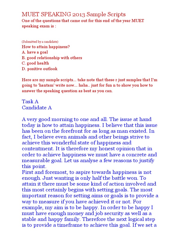 MUET SPEAKING 2013 Sample Scripts: How to Attain Happiness | PDF ...