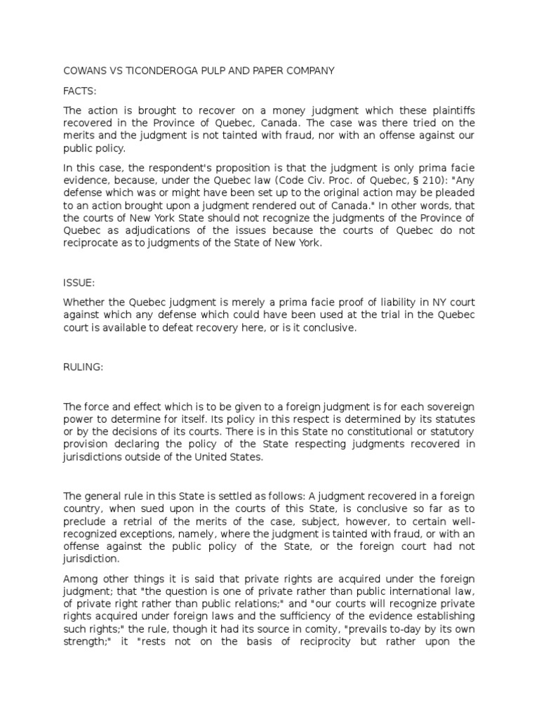 Cowans Vs Ticonderoga | PDF | Comity | Judgment (Law)