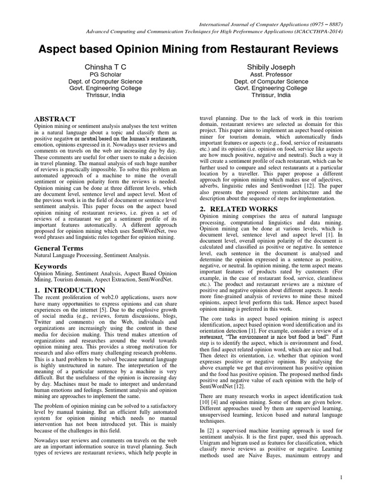 Aspect Based Opinion Mining From Restaurant Reviews PDF | PDF | Cognitive Science | Linguistics