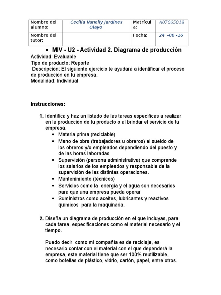 MIV - U2 - Actividad 2. Diagrama de Producción Diagrama de Producción | PDF | Reciclaje ...