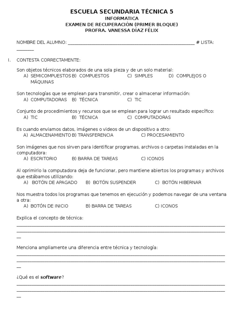 Examen de Recuperacion 1er Bimestre Informatica | PDF