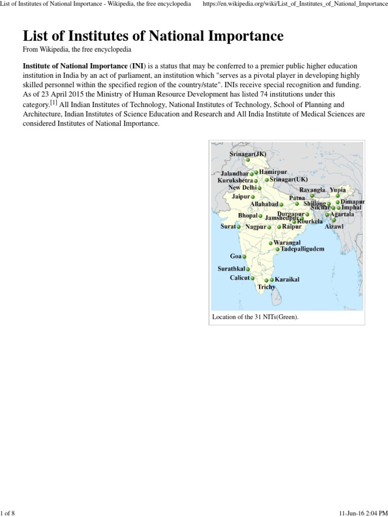 List of Institutes of National Importance 1 - Wikipedia, The Free ...