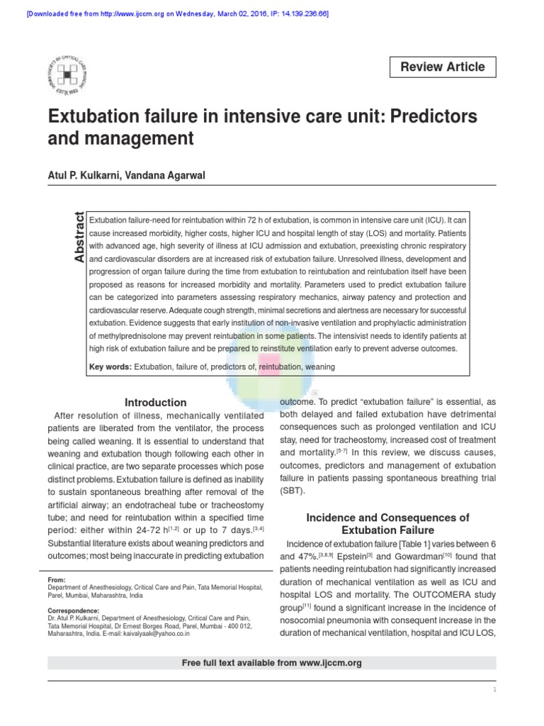 Extubation Failure in Intensive Care Unit: Predictors and Management ...