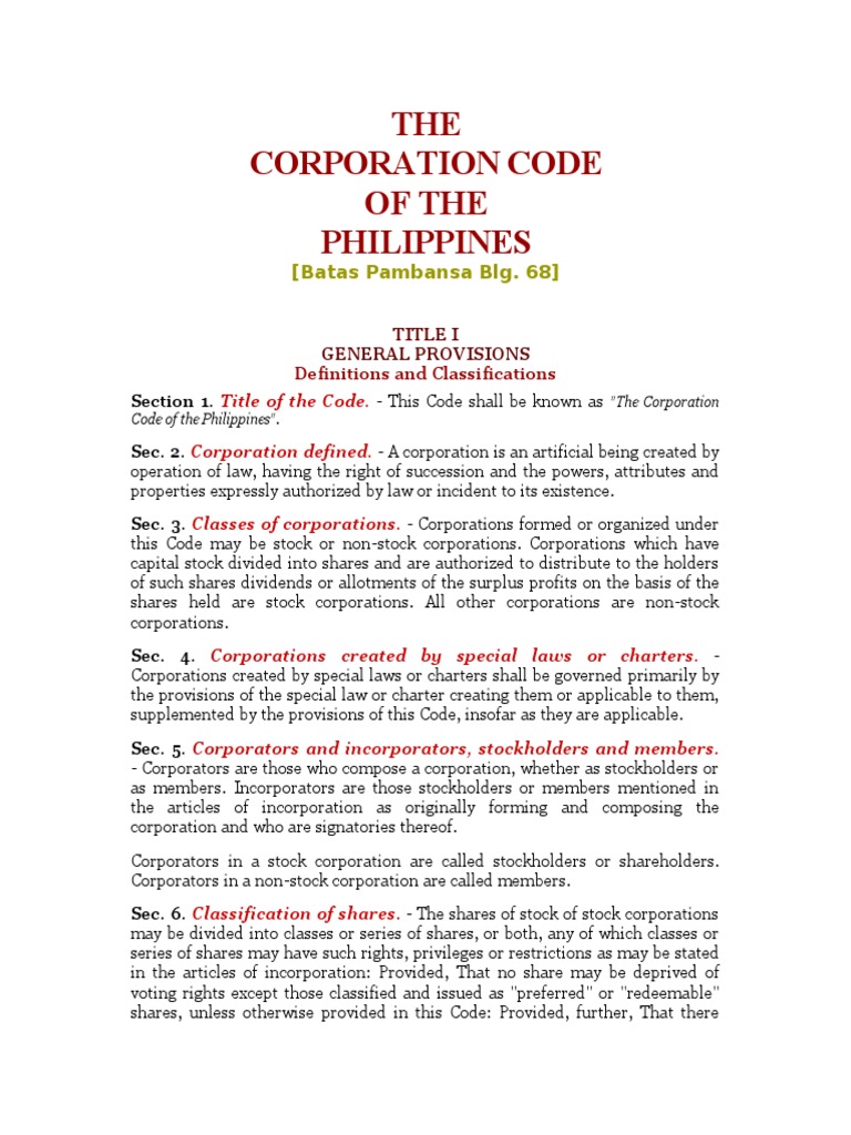 THE Corporation Code of The Philippines: (Batas Pambansa Blg. 68) | PDF ...