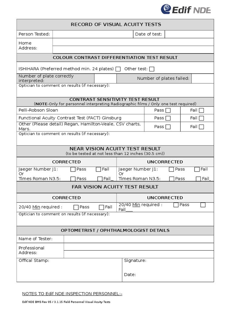 Record of Visual Acuity Tests: Colour Contrast Differentiation Test ...
