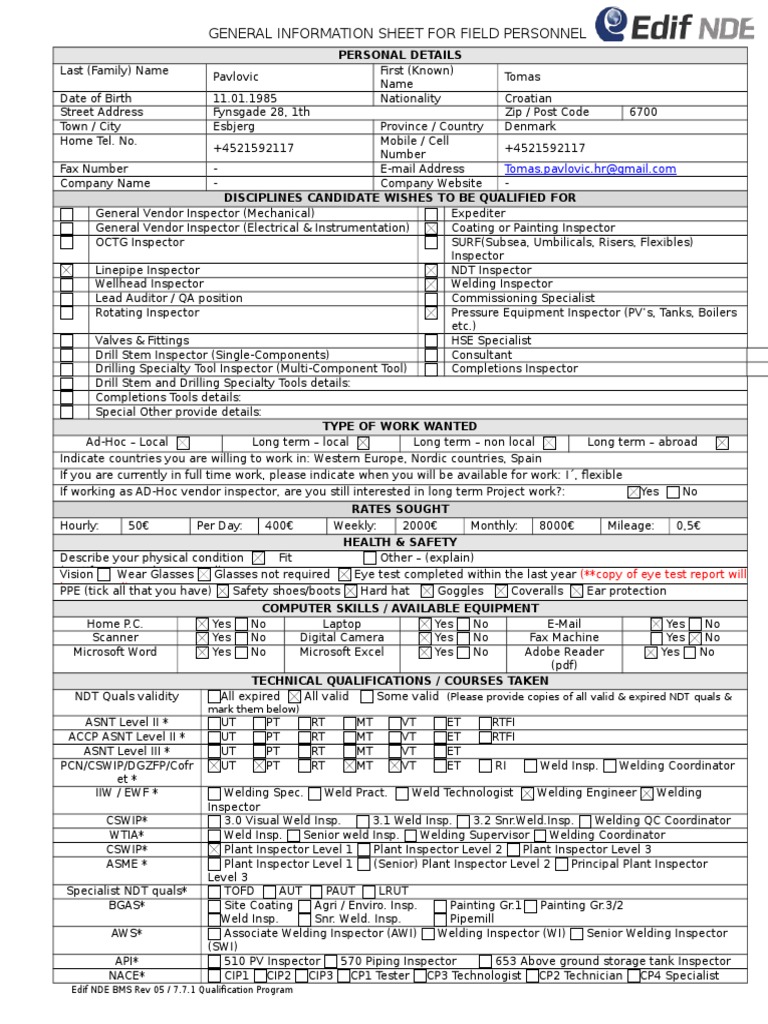 General Information Sheet For Field Personnel: Personal Details | PDF ...