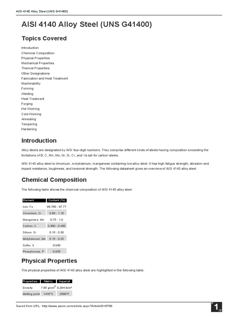 AISI 4140 Alloy Steel (UNS G41400) : Topics Covered | PDF | Heat ...