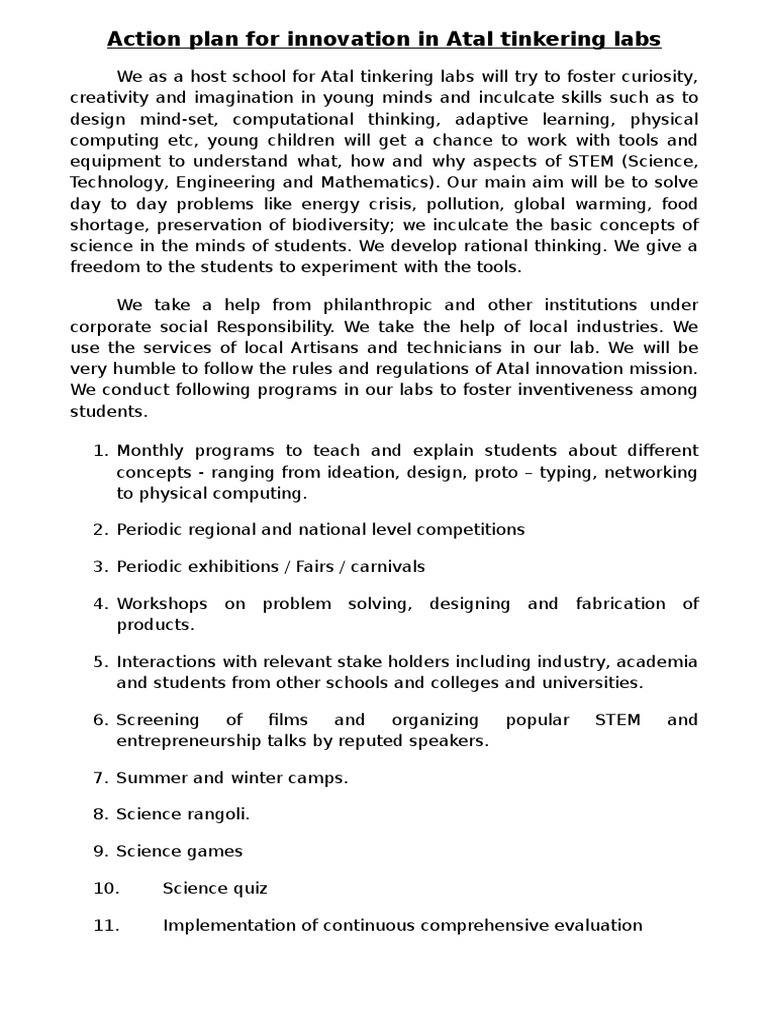 Action Plan For Innovation in Atal Tinkering Labs | PDF | Wellness