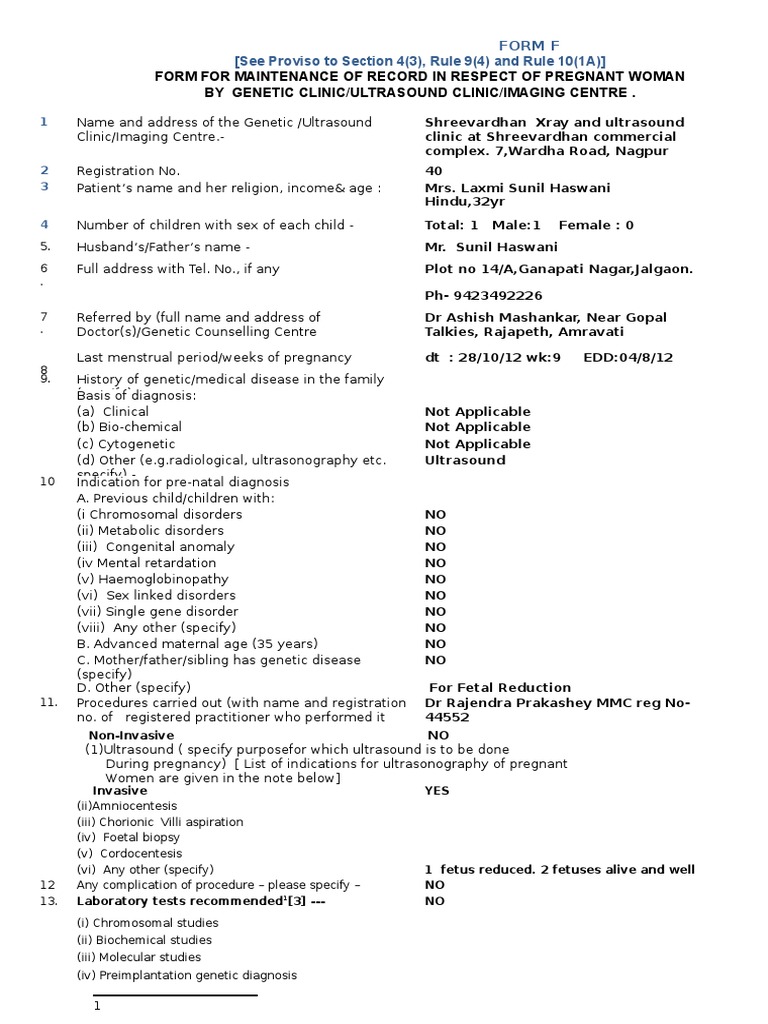 Form F Fetal Redu | PDF | Medical Ultrasound | Genetic Disorder