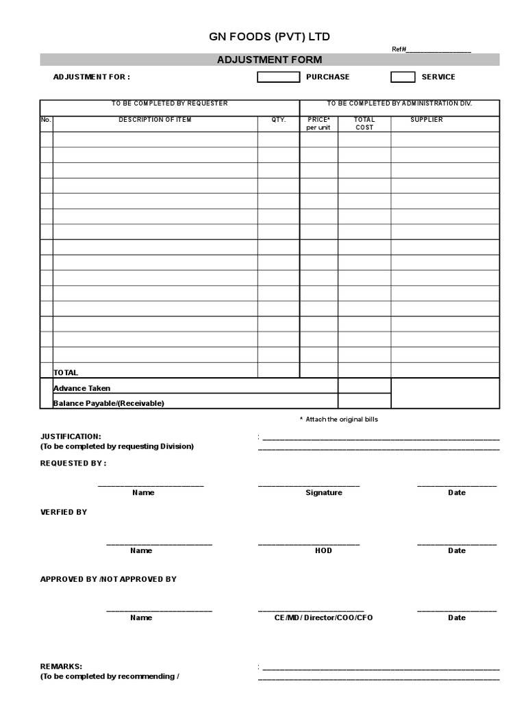 Purchase and Service Adjustment Form | PDF | Finance & Money Management
