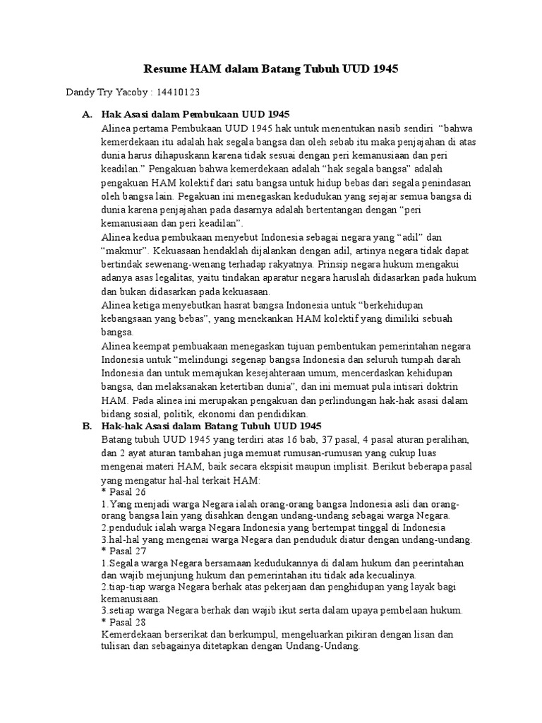 Resume HAM Dalam Batang Tubuh UUD 1945 | PDF
