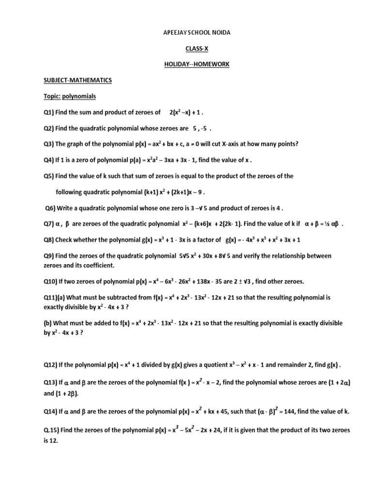 Holiday Homework Assignment | PDF | Equations | Polynomial