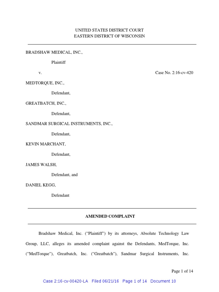Bradshaw Medical v. MedTorque - Second Amended Complaint | PDF | Patent Infringement | Patent Claim