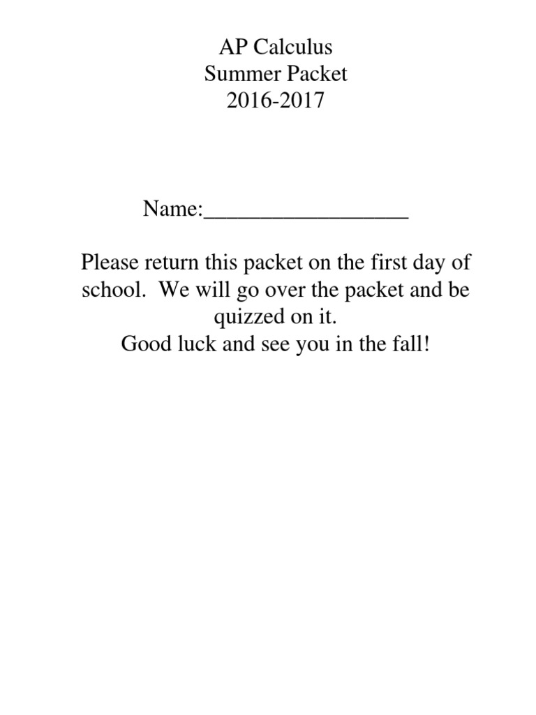 AP Calculus Summer Packet 2016-2017 | PDF | Trigonometric Functions | Sine