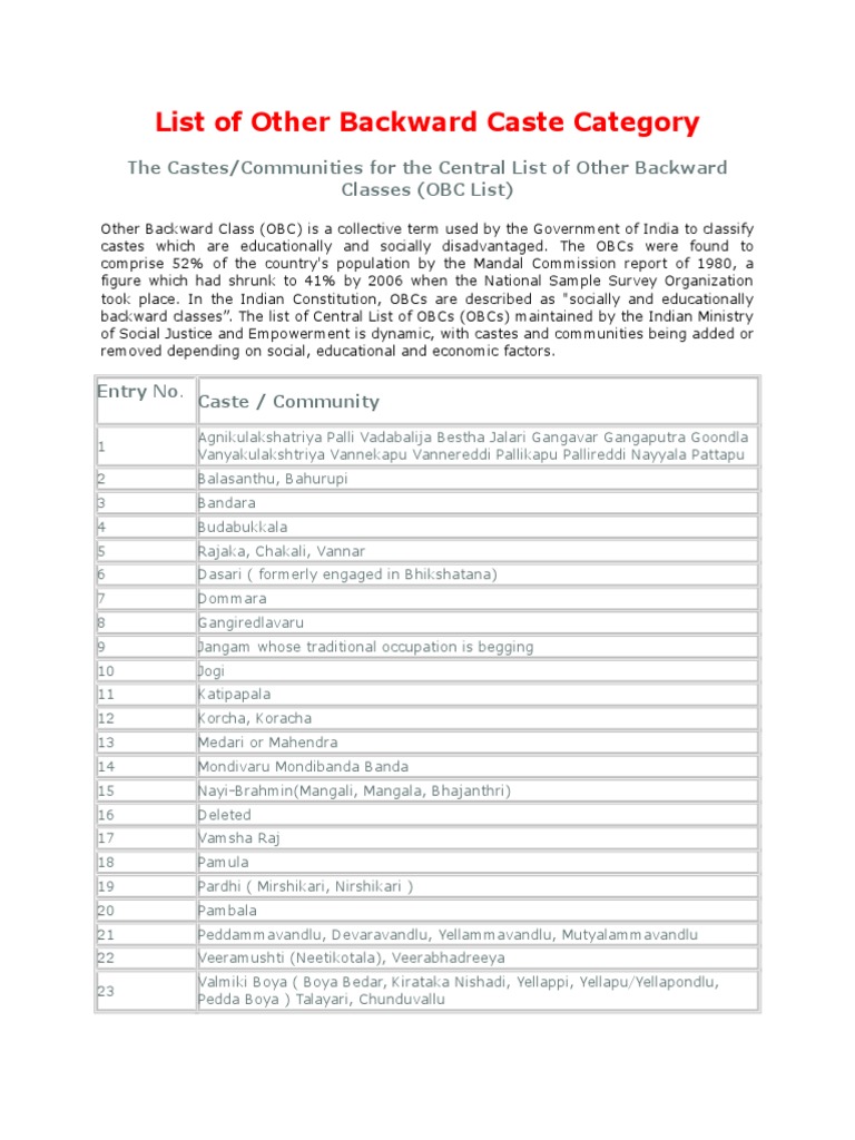 List of Other Backward Caste Category | PDF | Social Divisions | Social ...
