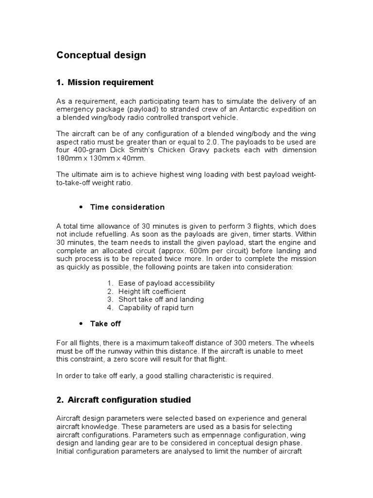 Conceptual Design: 1. Mission Requirement | PDF | Lift (Force) | Drag ...