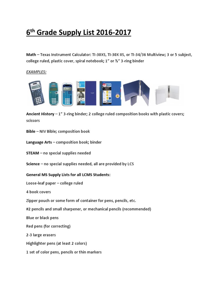 6th Grade Supply List 2016-2017 | PDF