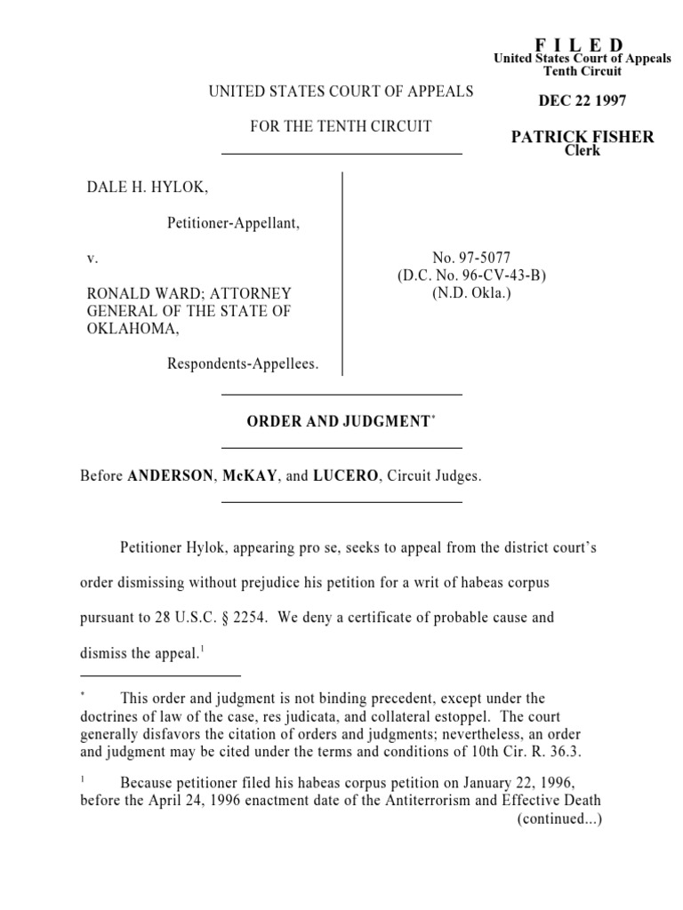 Hylok v. Ward, 10th Cir. (1997) | Download Free PDF | State Court ...