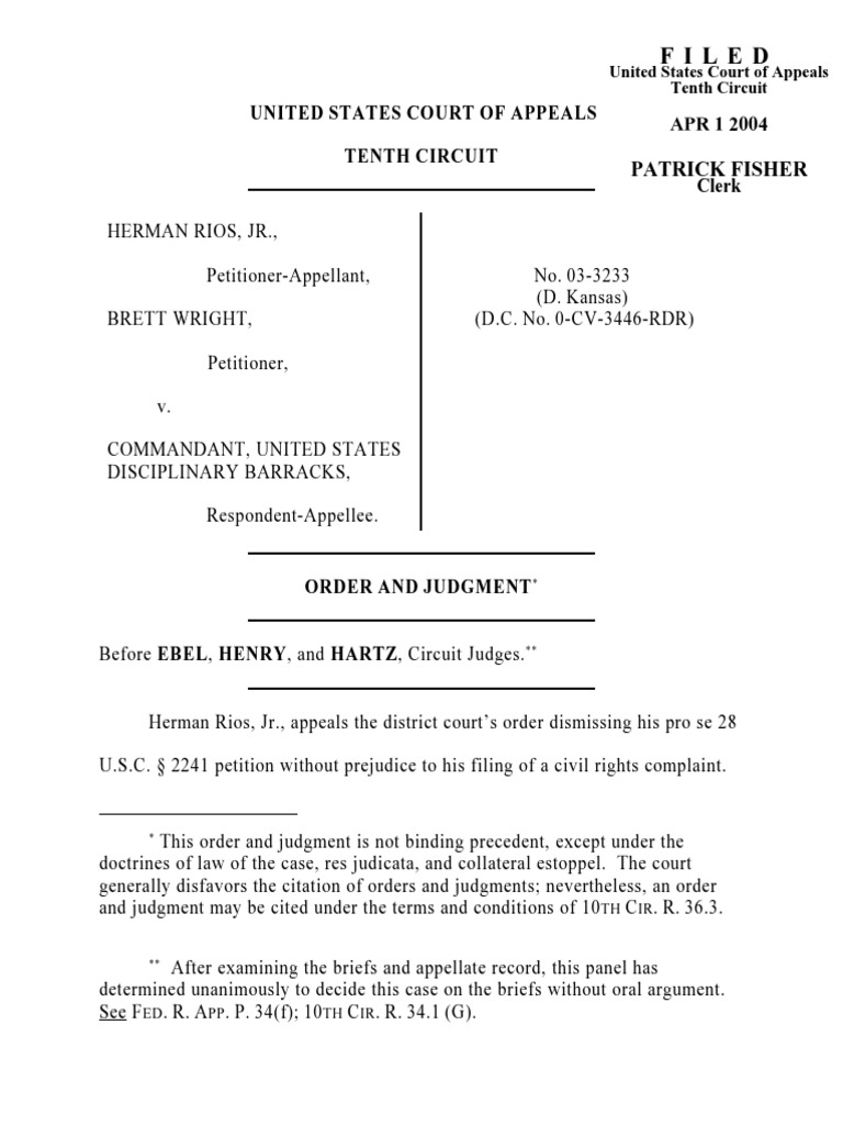 Rios v. Commandant, USDB, 10th Cir. (2004) | PDF | Prison | Solitary ...