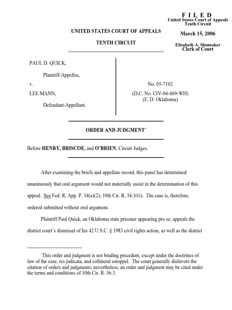 Quick v. Mann, 10th Cir. (2006) | PDF | Complaint | Precedent