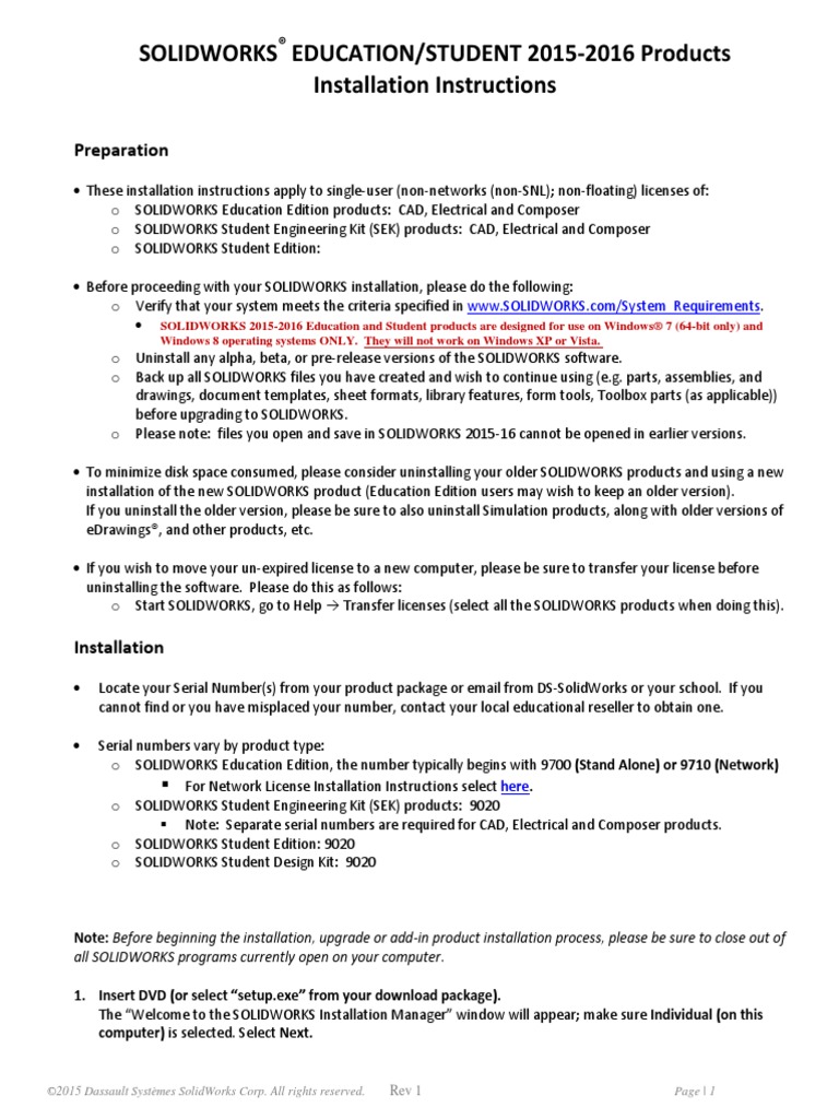 Solidworks EDUCATION/STUDENT 2015-2016 Products Installation ...