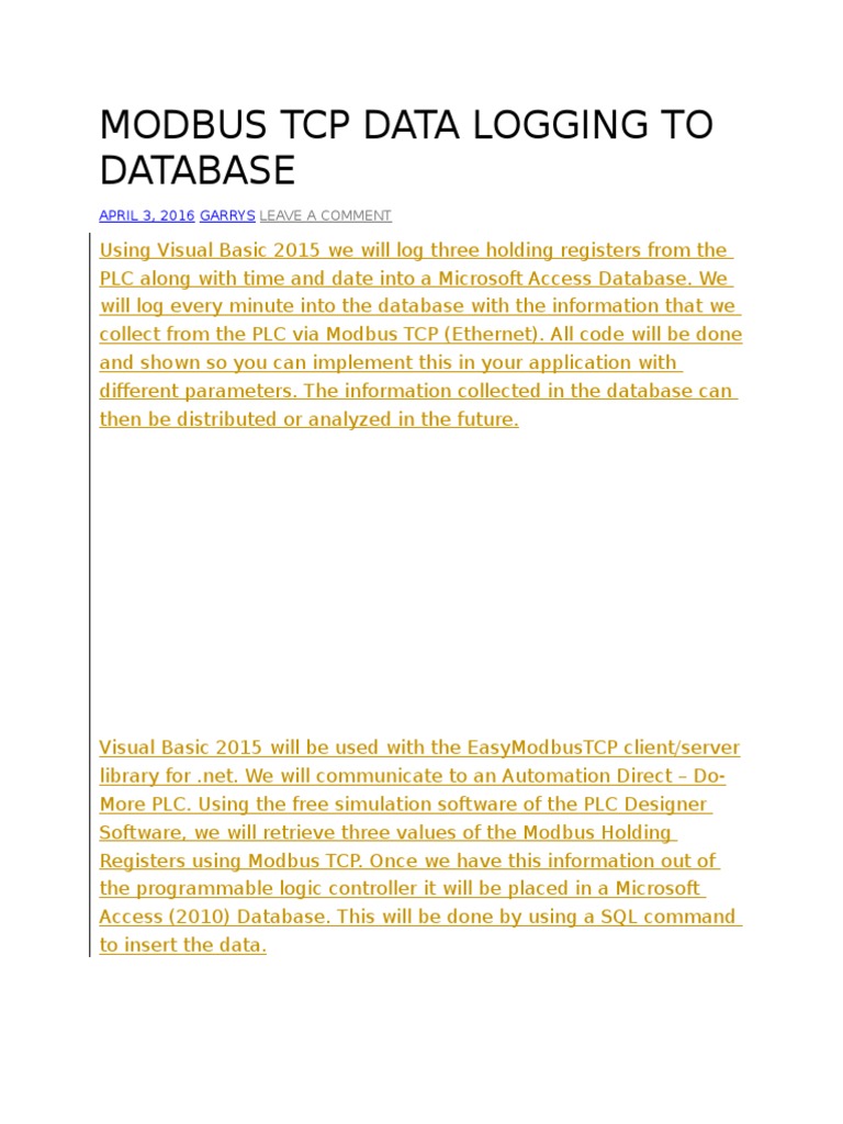 Modbus Tcp Data Logging To Database Pdf Programmable Logic