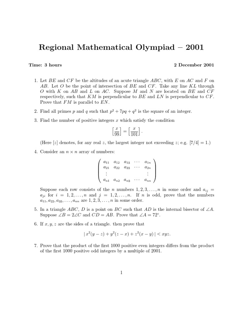 Regional Mathematical Olympiad 2001 Pdf Teaching Methods
